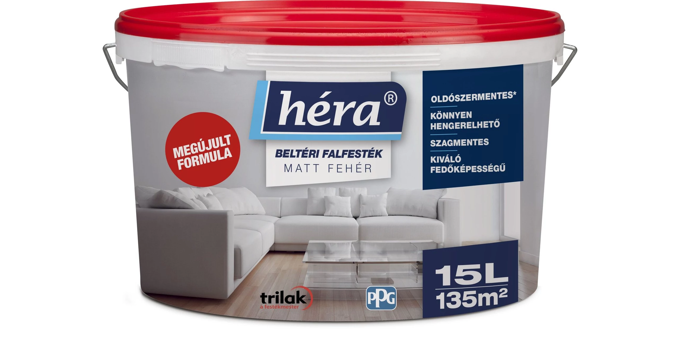 TRILAK Héra Belsö Falfesték Matt Fehér 15l Piros Tetős Új (418610)